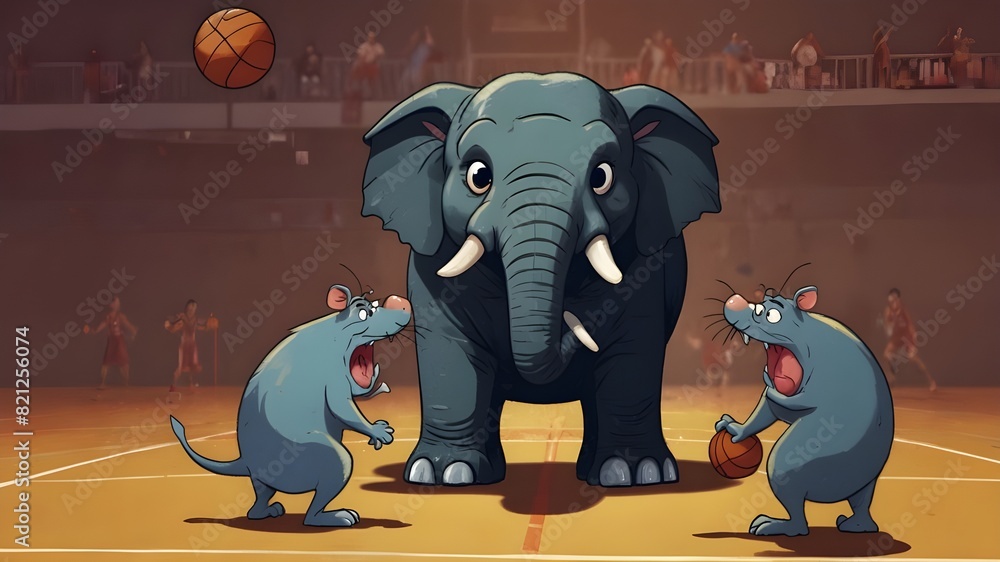 Classic cartoon of An elephant towering over a team of surprised mice ...