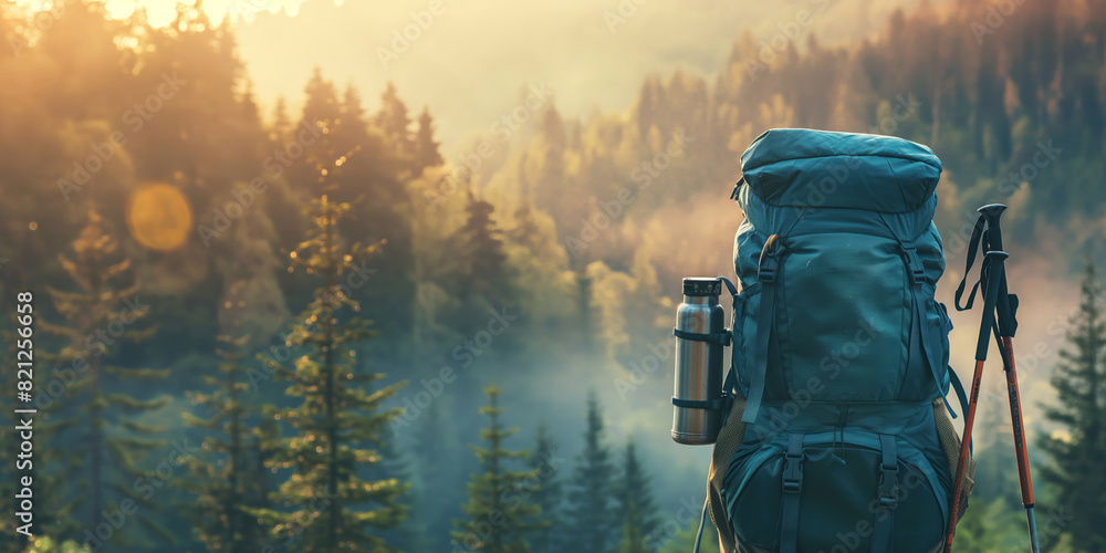 Backpack on a beautiful mountain landscape background, copy space ...