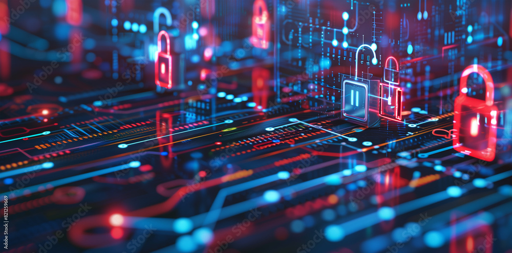 Cybersecurity network interface showing a digital fortress with ...