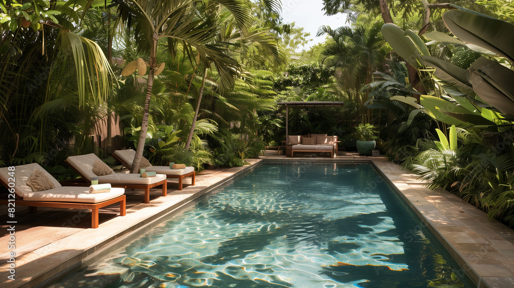 A tranquil swimming pool surrounded by lush tropical vegetation ...
