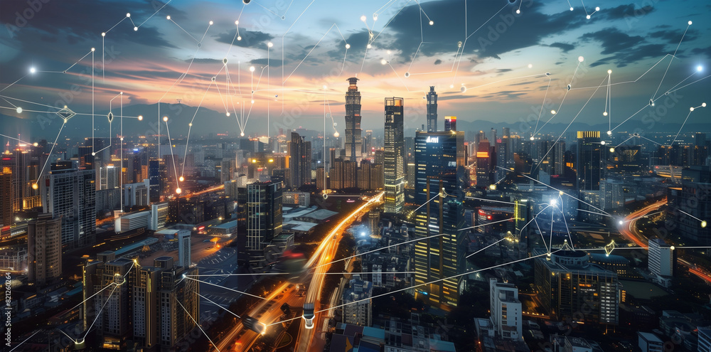 Aerial view of a futuristic Asian megacity at dusk, integrating ...