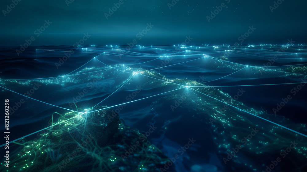 Underwater communication network visualized with light beams connecting ...