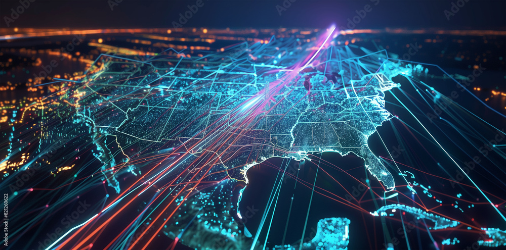 High-speed rail network visualization, with streaks of light tracing ...