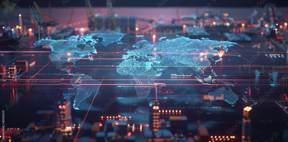 Advanced logistics network visualized through a holographic world map ...
