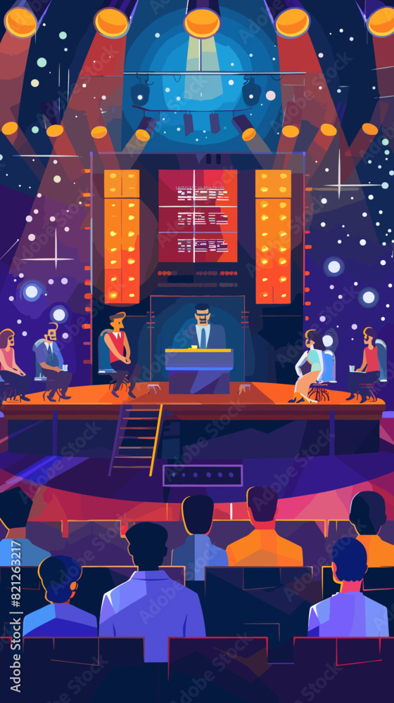 Players and presenter participate in quiz game show in TV studio with ...