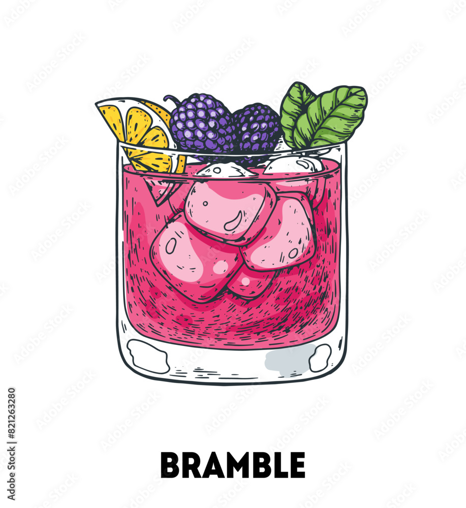Bramble cocktail illustration. Hand drawn sketch. Vector illustration ...