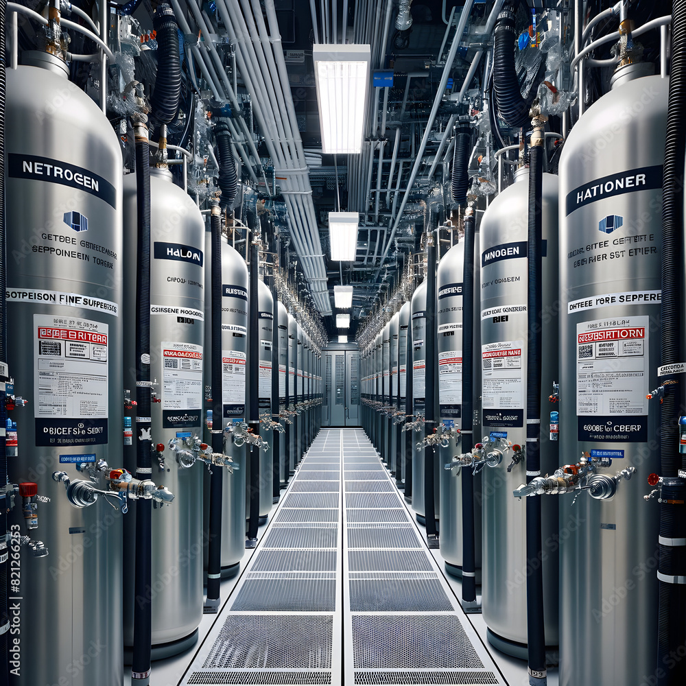 Data center fire suppression room view, banks of nitrogen or halon ...