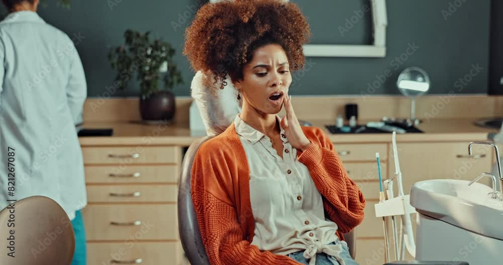 Toothache, woman and dentist with dental and gum injury at a doctor ...