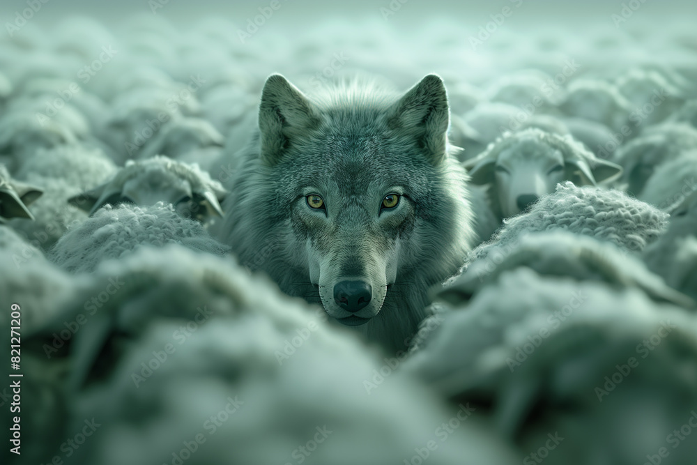 A wolf hiding among a flock of sheep, leading the way or waiting for the right moment to act ...