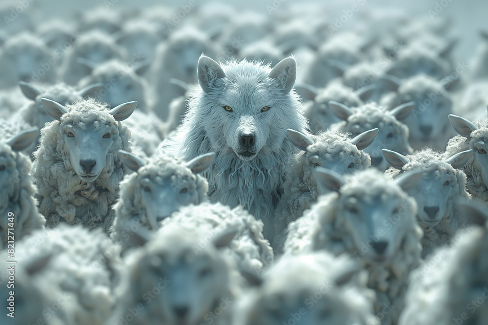 A wolf hiding among a flock of sheep, leading the way or waiting for the right moment to act ...