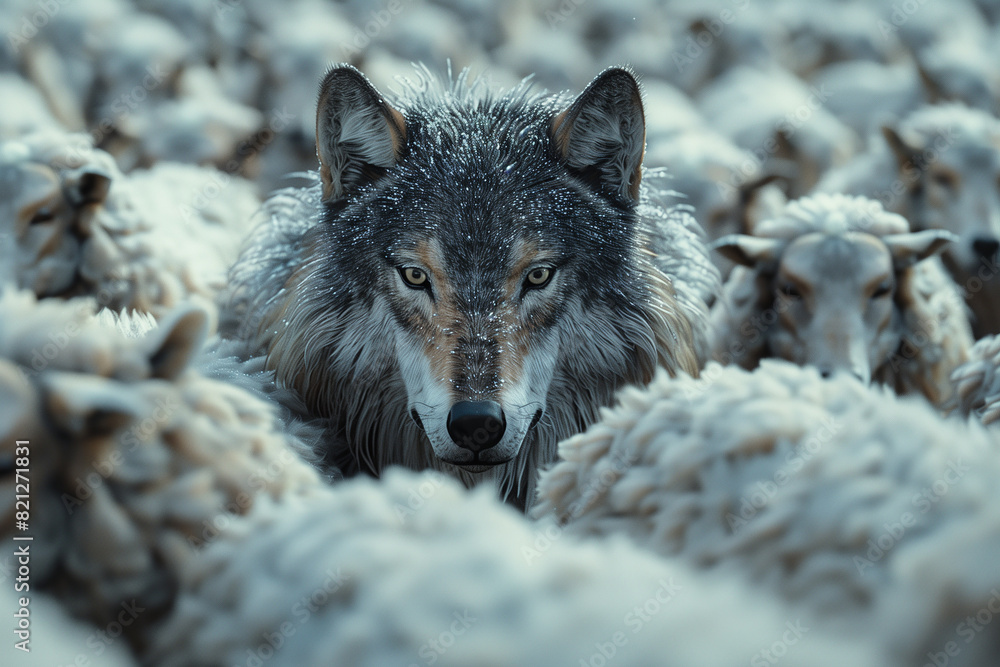 A wolf hiding among a flock of sheep, leading the way or waiting for the right moment to act ...
