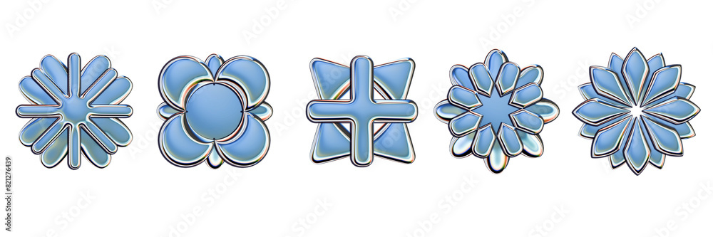 3D chrome y2k flower set, metal icon shape, retro futuristic mercury ...