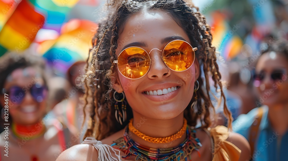 A group of diverse individuals marching in a vibrant pride parade ...