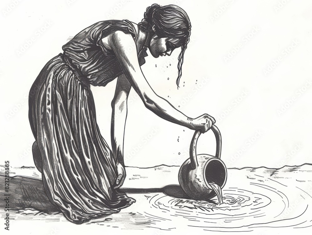 Aquarius, woman pouring water from huge jug onto ground, large jug ...