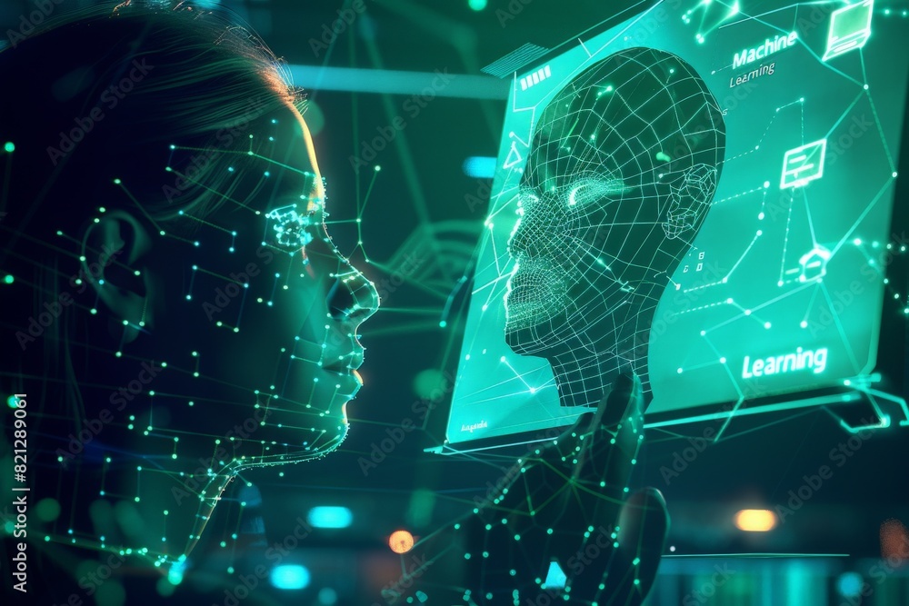 A woman engages with a futuristic holographic interface, examining intricate AI data ...