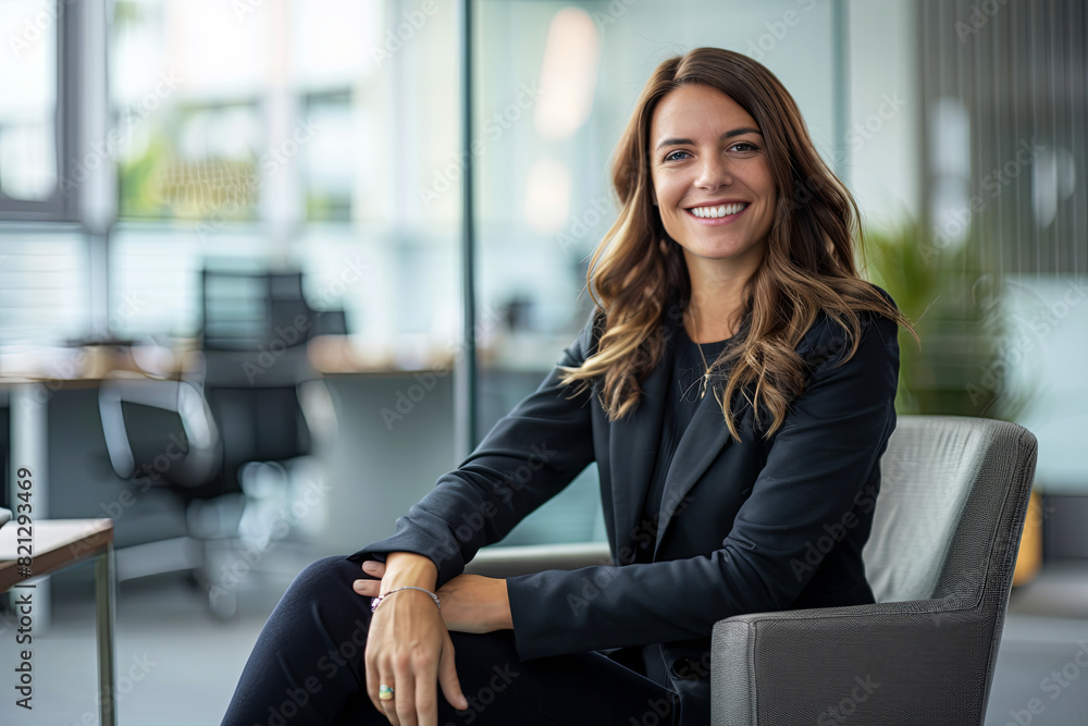 Attractive female executive sitting at her office chair with her legs ...