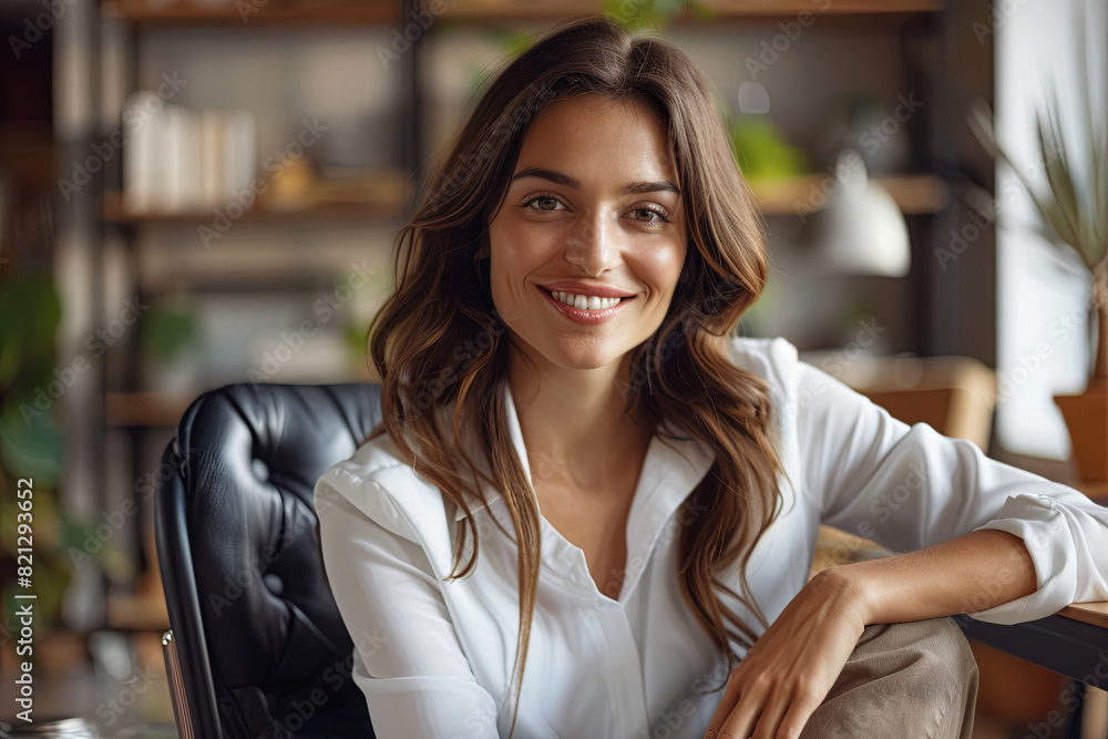 Attractive female executive sitting at her office chair with her legs ...