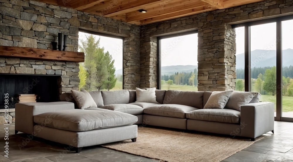 Corner sofa against window in room with stone cladding walls Farmhouse ...