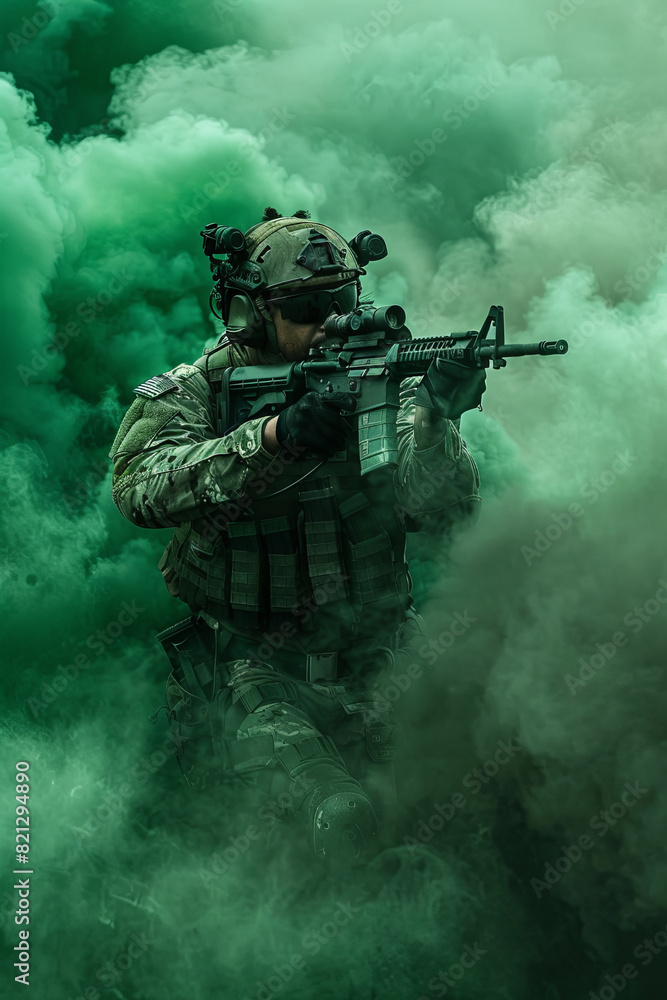 Highly trained special forces officer in tactical gear, aiming an ...