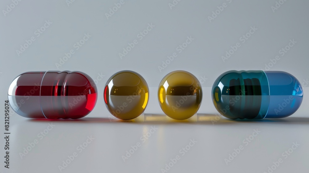 Four capsules with a glossy finish, arranged in a line on a reflective ...
