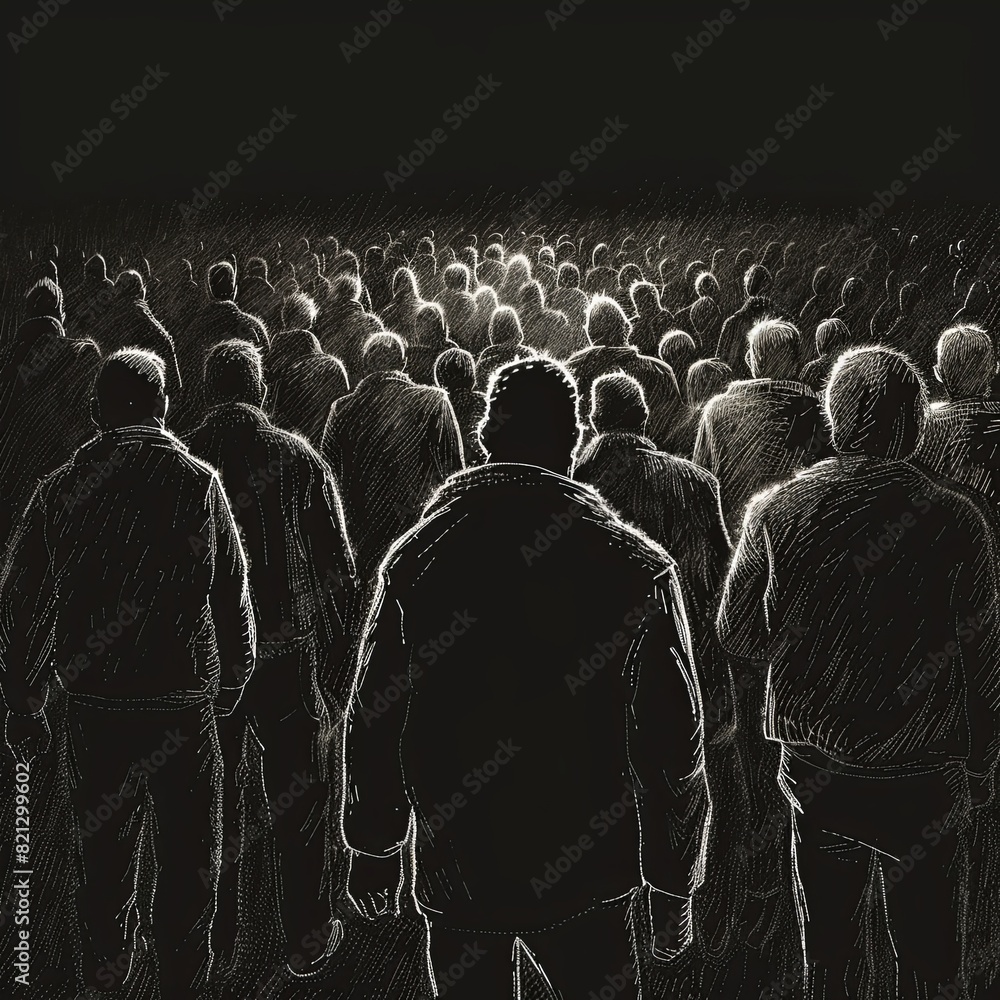 The black and white drawing shows a crowd of people and we can only see ...