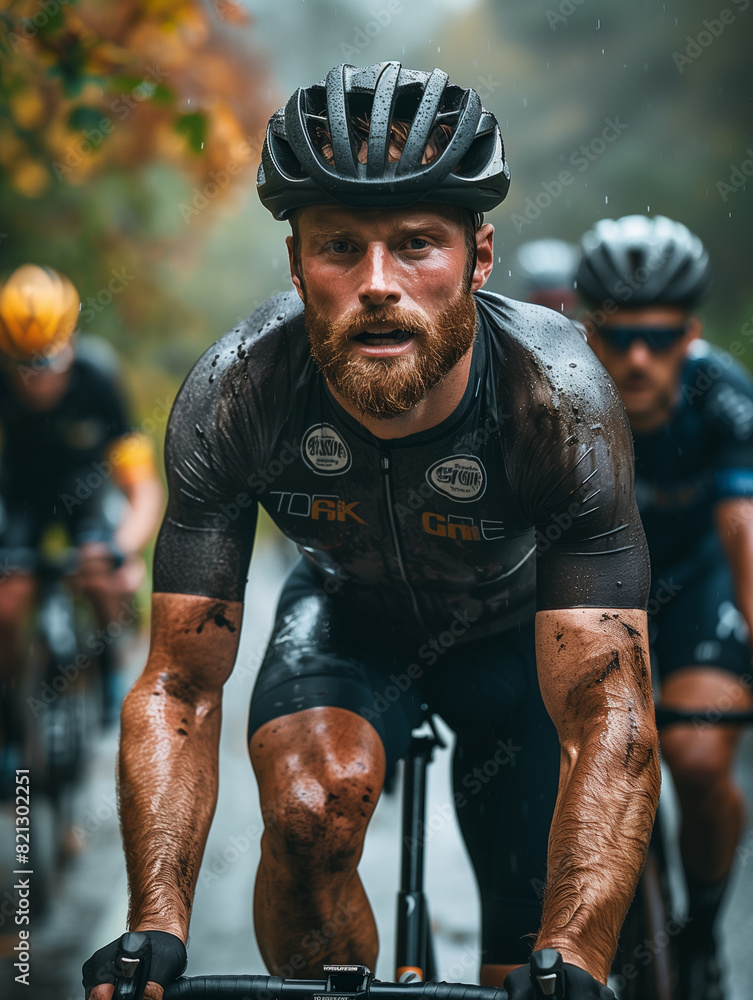 Intense focus on the mudsplattered face of a cyclist as he competes in ...