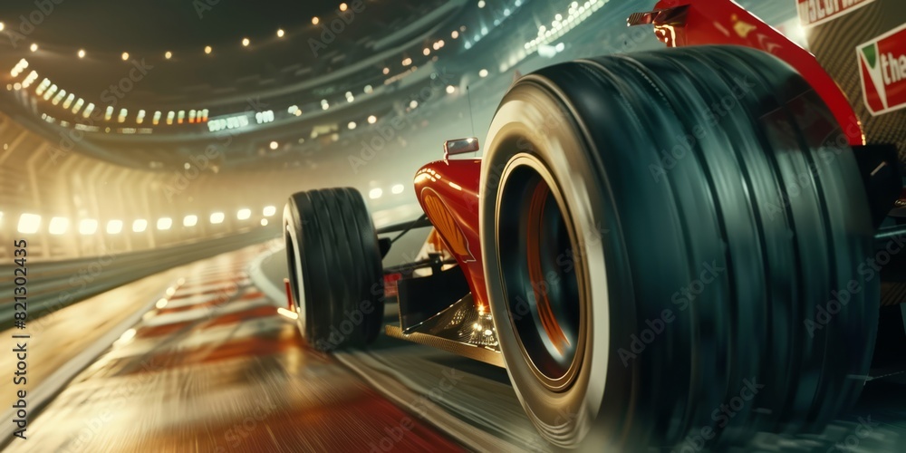 Realistic of close-up the f1 car fast race hi-speed in the curve track ...