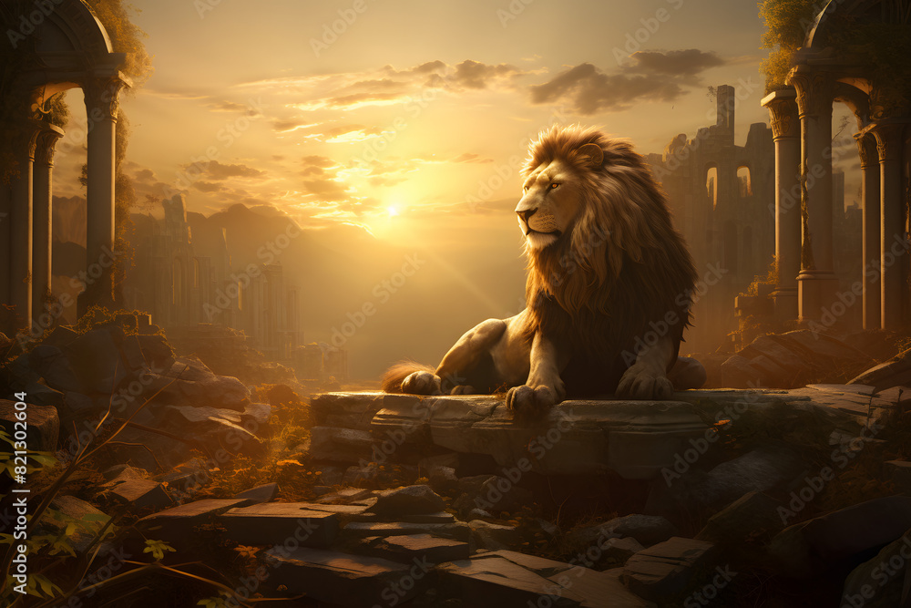Design a scene set in ancient church ruins at sunrise, where a lion and ...