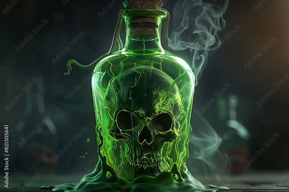 Mysterious green liquid with a skull design in a glass bottle, emitting ...