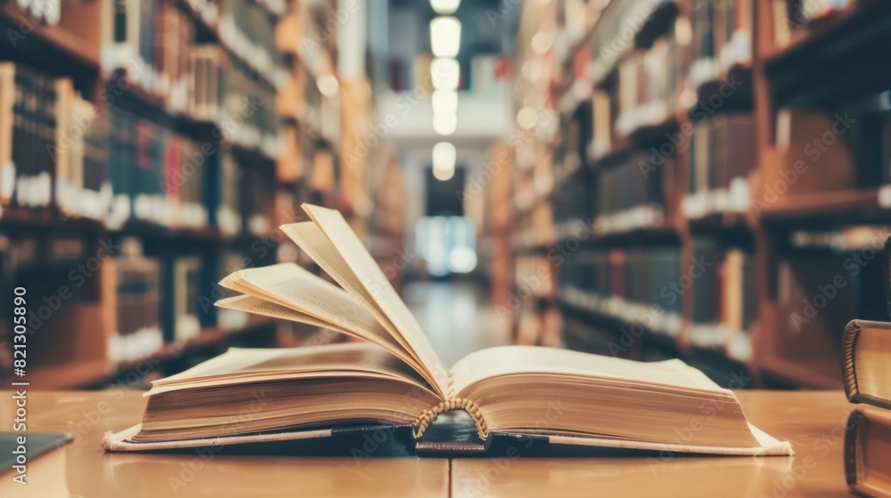 Book in library with old open textbook, stack piles of literature text ...
