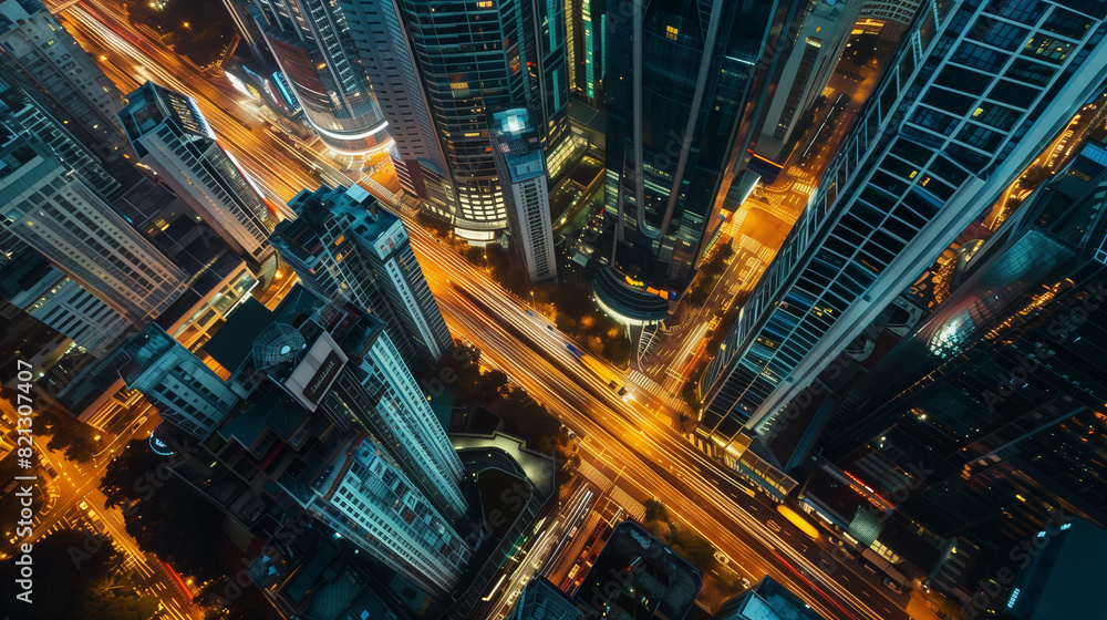 Nighttime aerial photograph showcasing the vibrant lights and ...