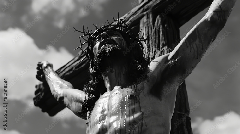 Jesus wearing a crown of thorns, crucified on a cross against the sky ...