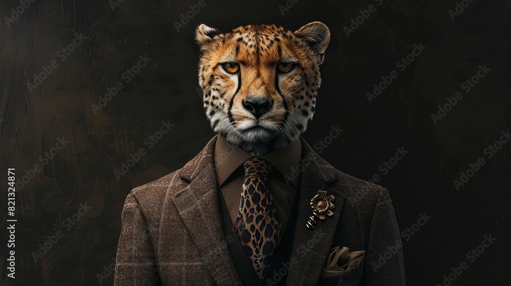 Cheetah wearing suit and polka dot tie. Anthropomorphic animal portrait ...