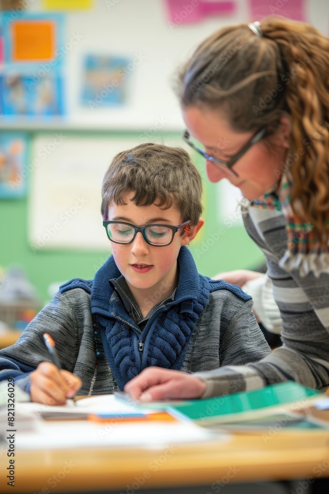A photo capturing a teacher assisting a student with visual impairments ...