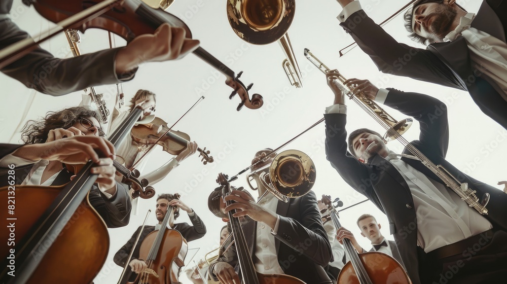 The image shows a group of musicians playing their instruments. They ...