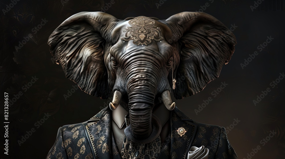 Elephant wearing suit with embroidered details and floral tie ...
