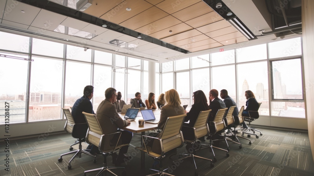 The photo shows a group of people sitting around a table in a ...