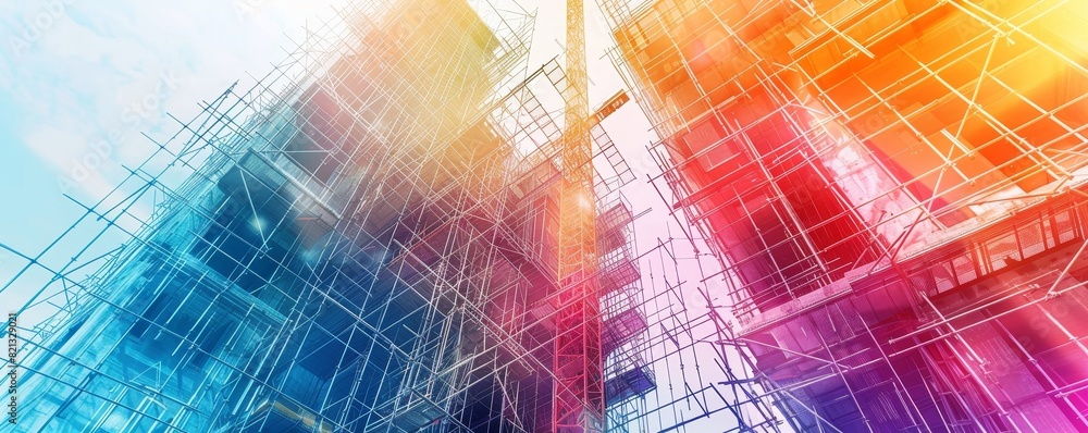 Abstract colorful construction site scaffold framework with vibrant ...
