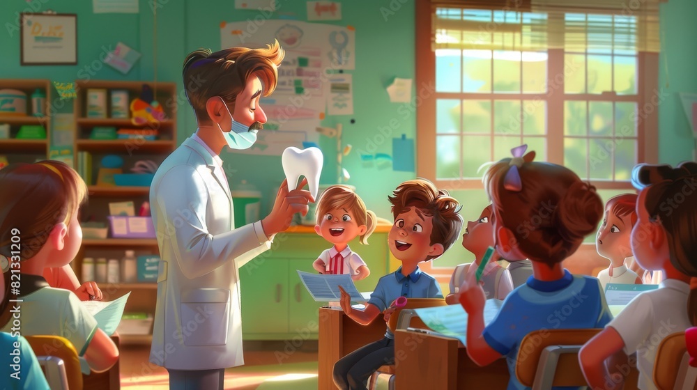 ภาพประกอบสต็อก Cartoon dentist with a giant tooth in a classroom for ...