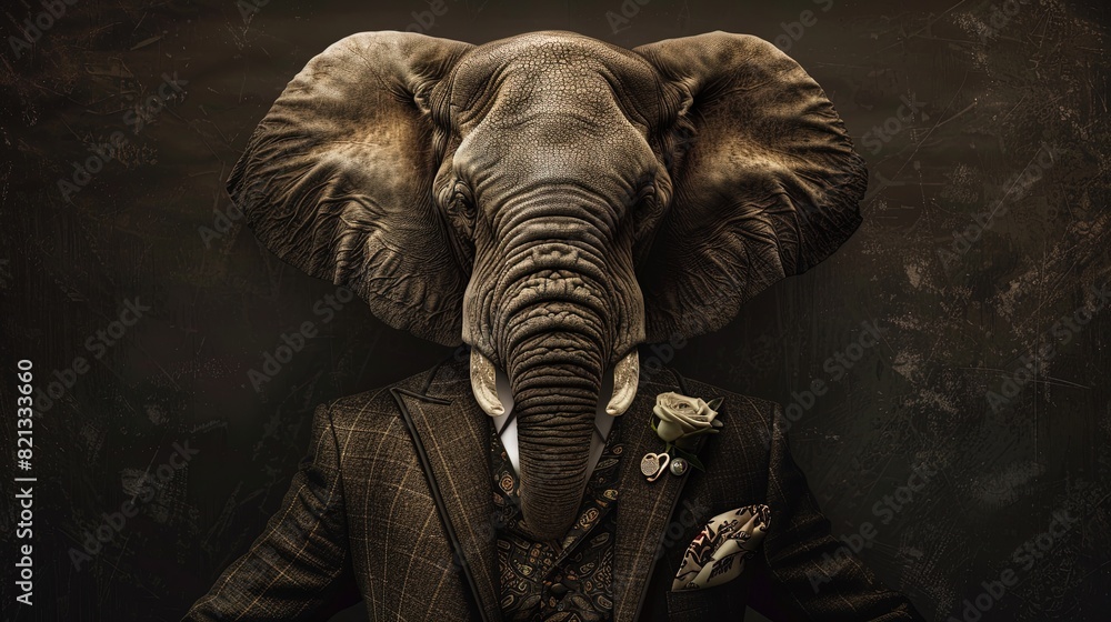 Elephant wearing suit with embroidered details and floral tie ...