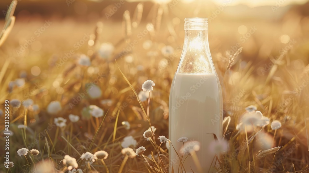 zoom capturing the details of the glass bottle of fresh milk, showing ...