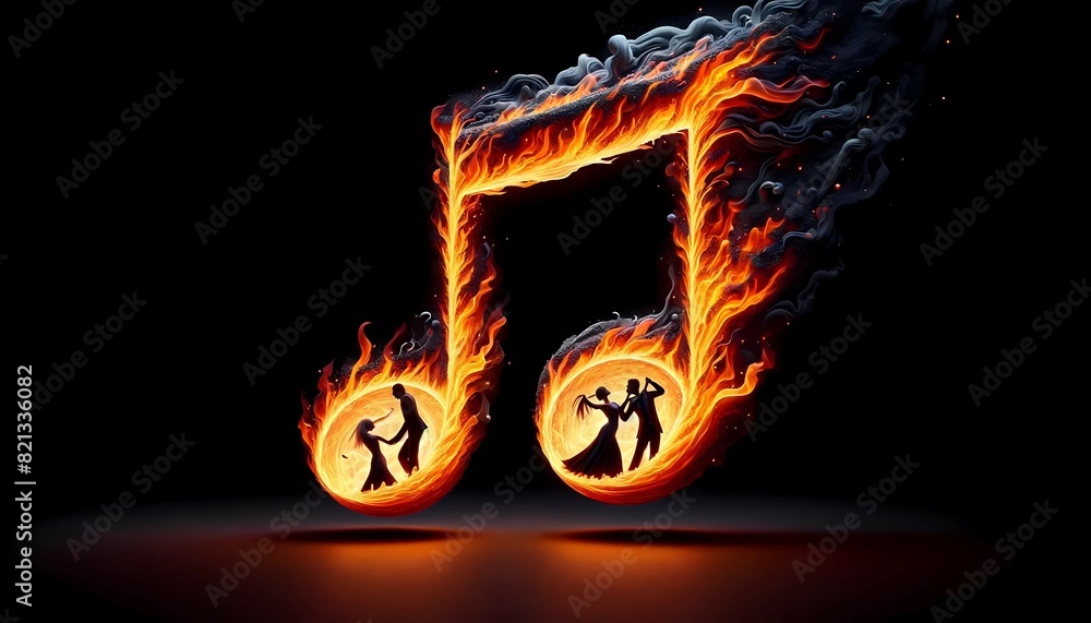 A musical note with flames bursting out of it, creating a dynamic and ...