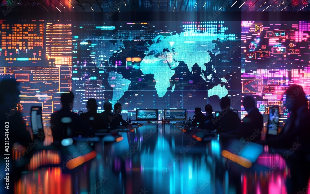 Global tech team collaborating in futuristic control room with digital ...