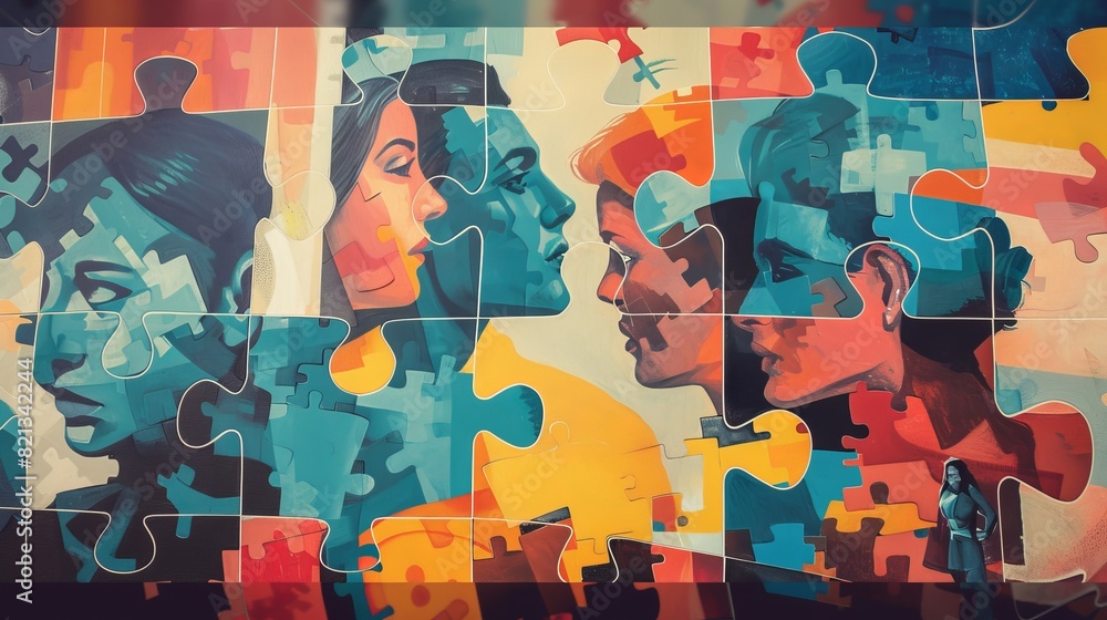 Colorful puzzle pieces form a human face with diverse people in the sky ...