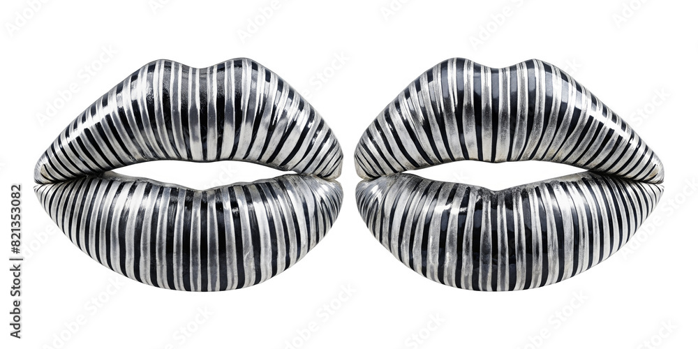 The matching pattern of black and silver stripes on the lips stands out ...