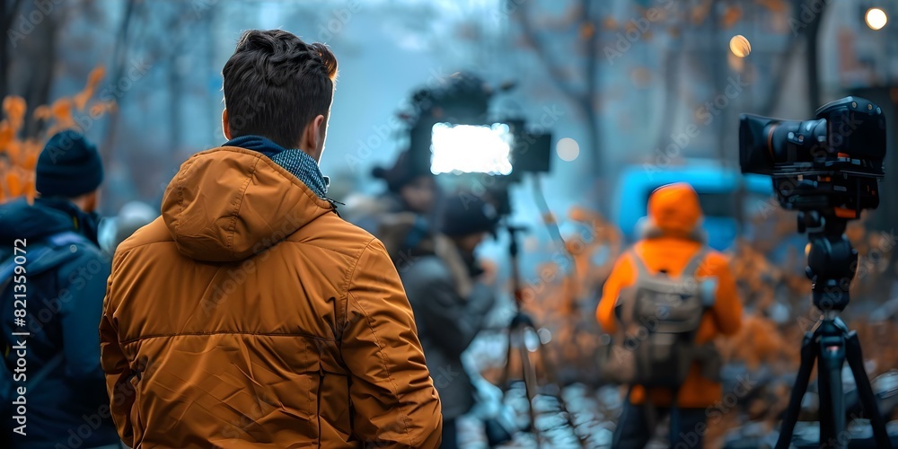 Filmmaker watches crew set up for a scene against urban backdrop ...