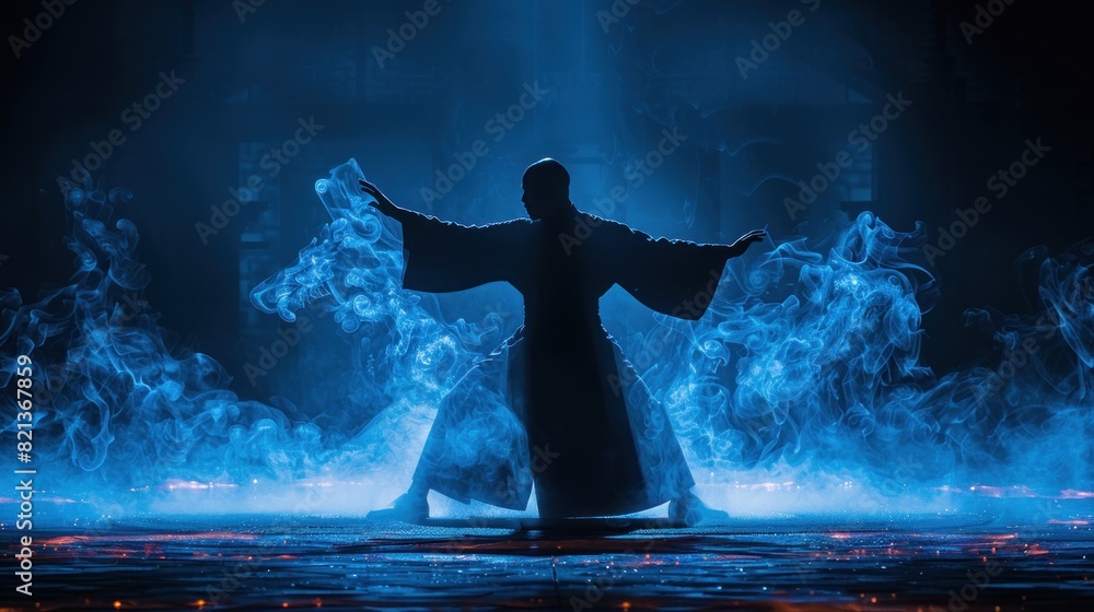 High-resolution studio photograph of a Kung Fu master performing a ...