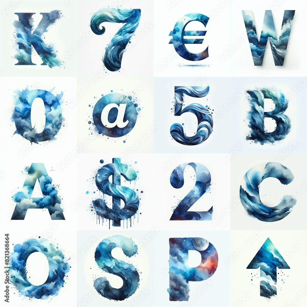 Blue watercolor Lettering Typeface. AI generated illustration Stock ...