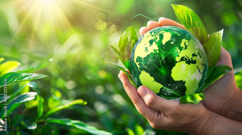 Hands Holding a Green Earth Surrounded by Leaves in Sunlight ...
