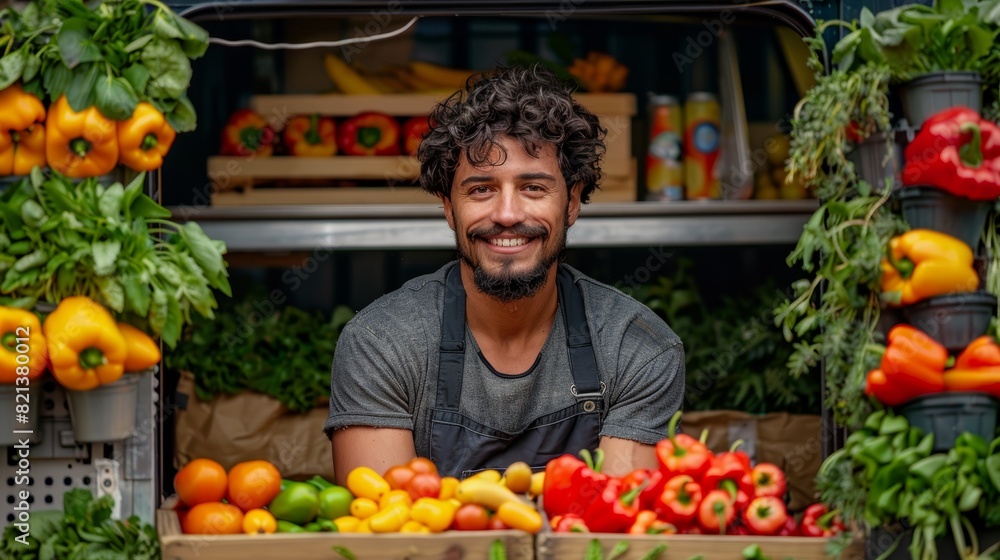 A cheerful vendor with curly hair and a beard, wearing a gray shirt and ...